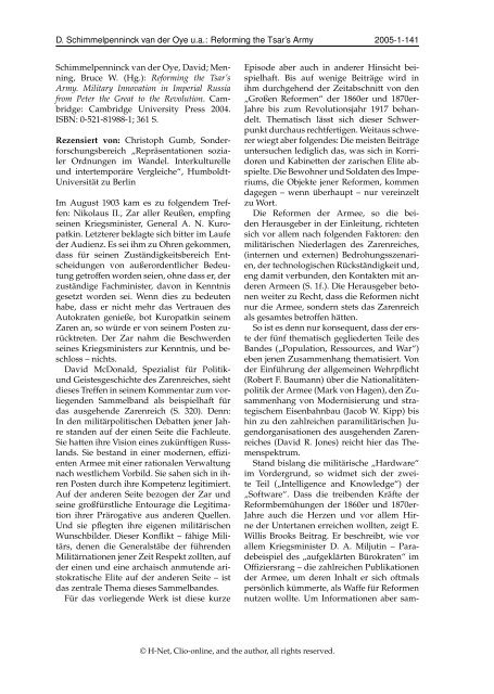 D. Schimmelpenninck van der Oye u.a.: Reforming the Tsar's Army ...