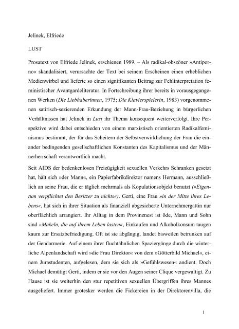 Jelinek, Elfriede LUST Prosatext von Elfriede Jelinek, erschienen ...