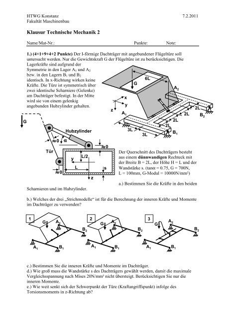 Klausur Technische Mechanik 2