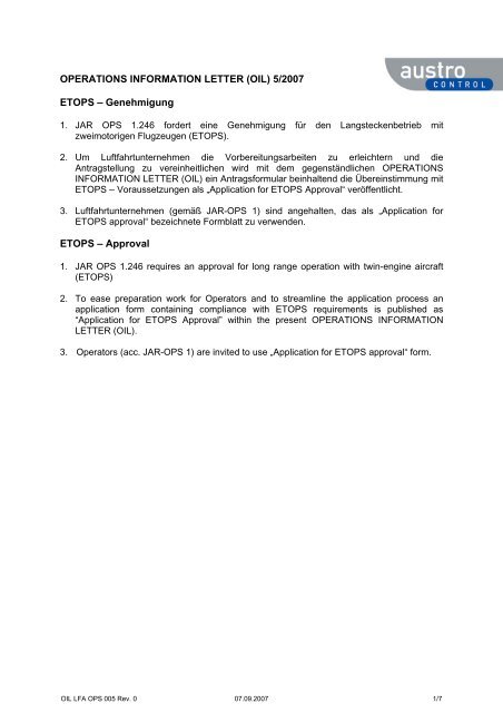 Application for ETOPS Approval - Austro Control
