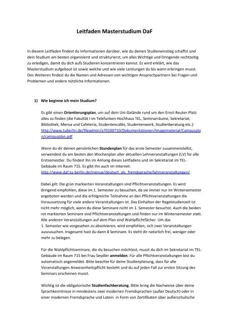 Leitfaden Masterstudium DaF - Deutsch als Fremdsprache - TU Berlin