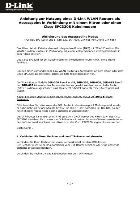 Anleitung zur Nutzung eines D-Link WLAN Routers als Accesspoint ... Anleitung zur Nutzung eines D-Link WLAN Routers als Accesspoint ...