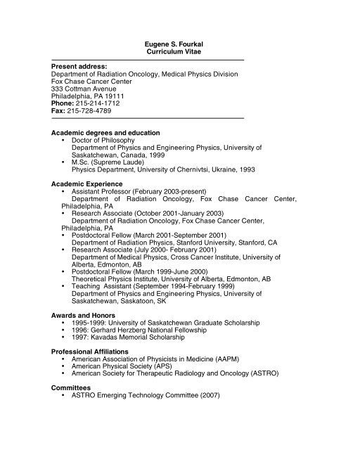 Download CV/Biosketch - Fox Chase Cancer Center