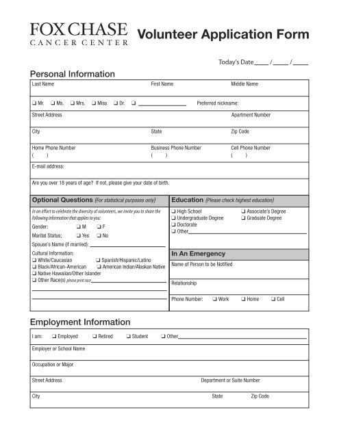 Volunteer Application Form - Fox Chase Cancer Center