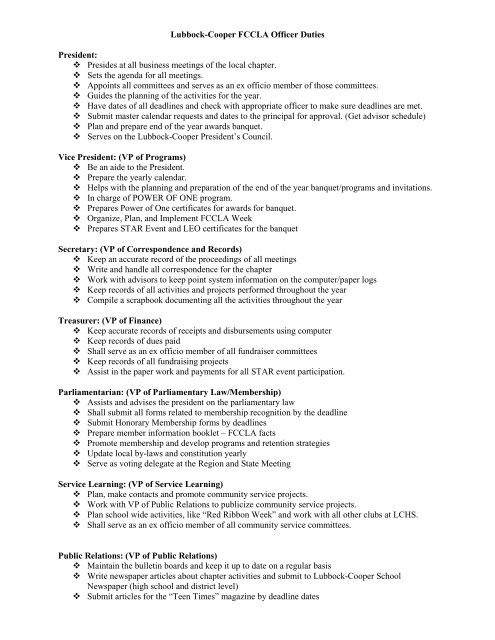 Bushland FCCLA Officer Duties