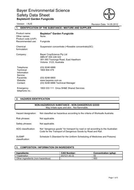 Bayer Environmental Science Safety Data Sheet - Material Safety ...