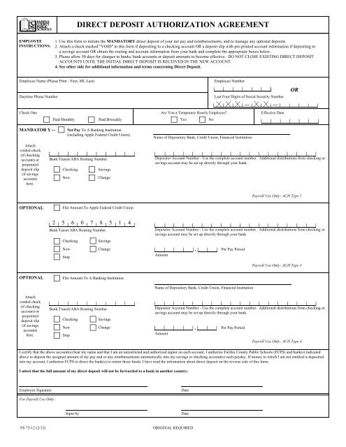 Direct Deposit Authorization Agreement - Fairfax County Public ...