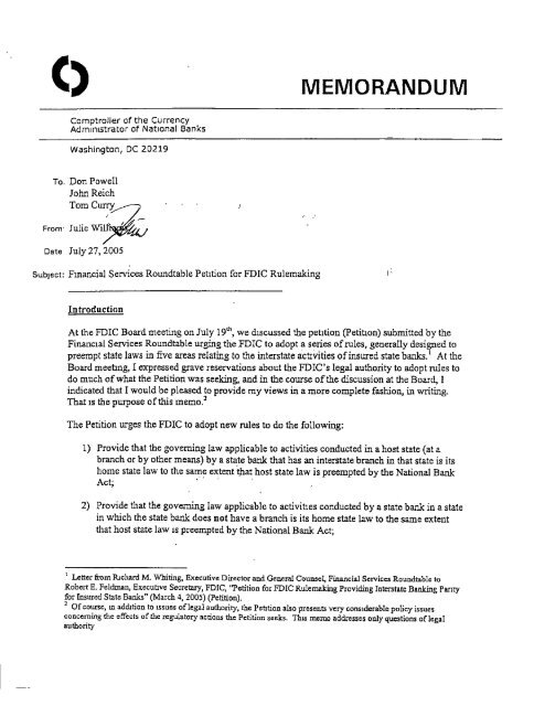Memorandum from Julie Williams, Acting Comptroller of the ... - FDIC