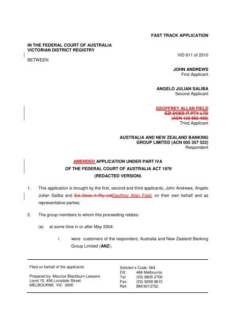 Amended Fast Track Application - Federal Court of Australia