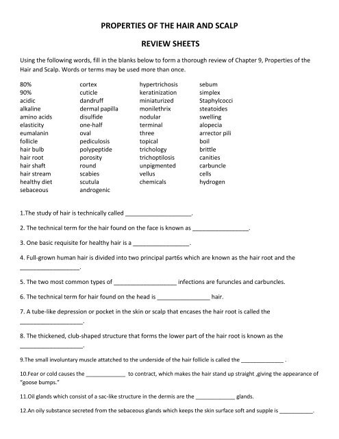 PROPERTIES OF THE HAIR AND SCALP REVIEW SHEETS