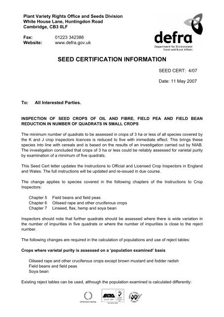 Seed Certification Information: 4/07 - Defra
