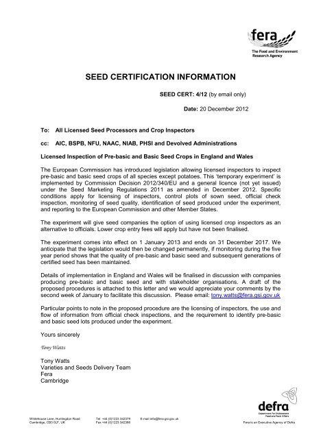 SEED CERTIFICATION INFORMATION - Defra