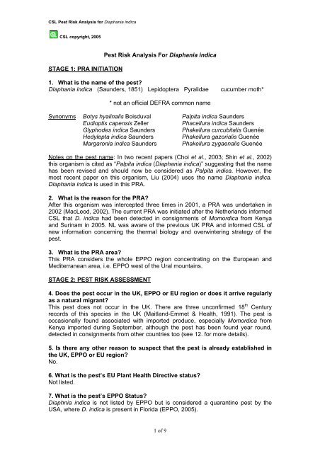Pest Risk Analysis For Diaphania Indica - Defra