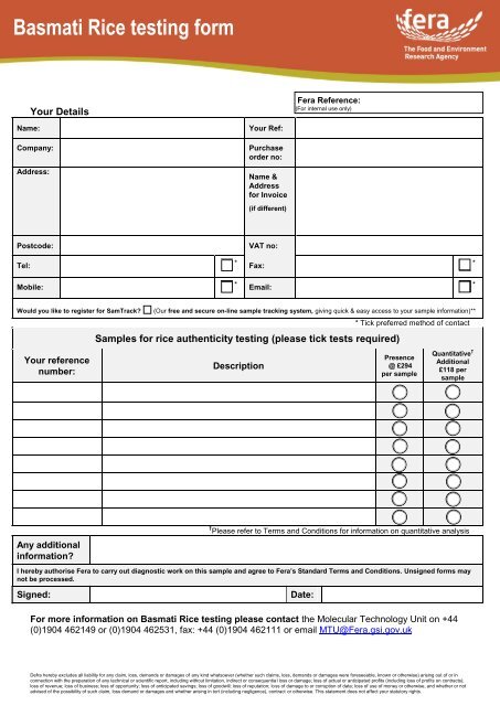 Basmati Rice Testing Form (PDF 189KB) - Defra