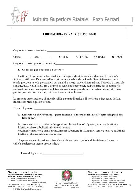 LIBERATORIA PRIVACY ( CONSENSO) - "Enzo Ferrari" di Susa