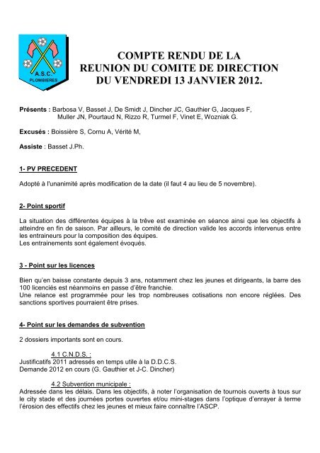 COMPTE RENDU DE LA REUNION DU COMITE DE DIRECTION ...