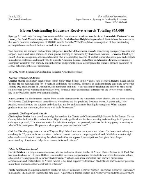 Eleven Outstanding Educators Receive Awards Totaling $65,000