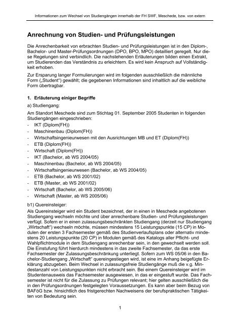 Anrechnung von Studien- und Prüfungsleistungen Anrechnung von Studien- und Prüfungsleistungen