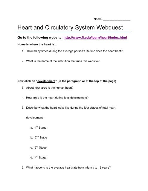 Heart and Circulatory System Webquest