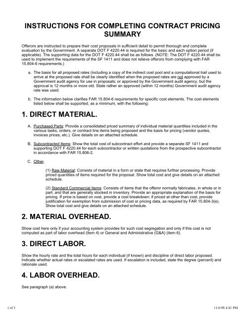 Instructions for Completing Contract Pricing Summary