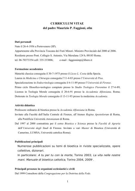 CURRICULUM VITAE del padre Maurizio P. Faggioni, ofm - fiamc