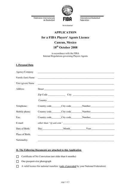 APPLICATION for a FIBA Players' Agents Licence Cancun, Mexico ...