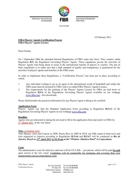 18 February 2011 FIBA Players' Agents Certification Process FIBA ...