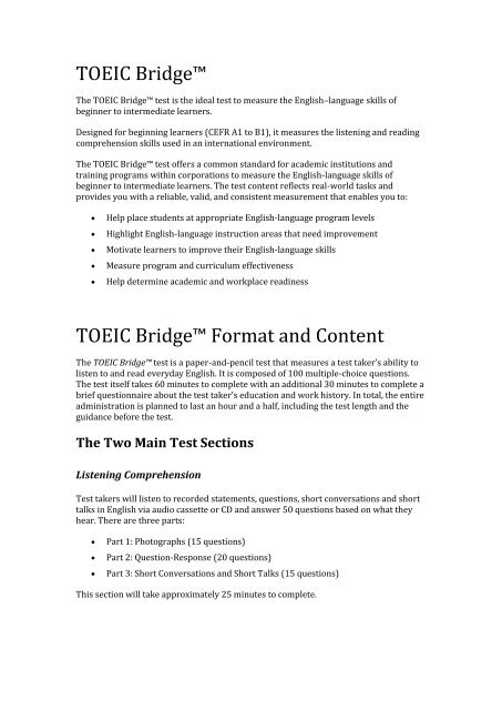 TOEIC Bridge™ TOEIC Bridge™ Format and Content