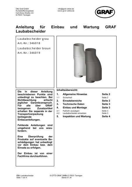 Anleitung für Einbau und Wartung GRAF Laubabscheider