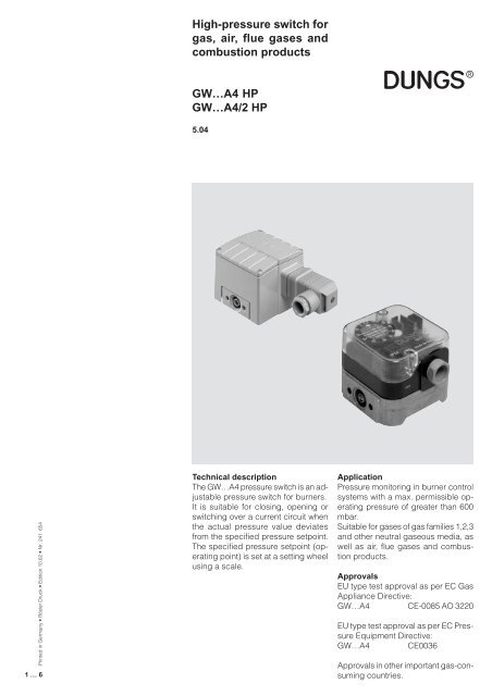 High-pressure Switch For Gas, Air, Flue Gases - Filter