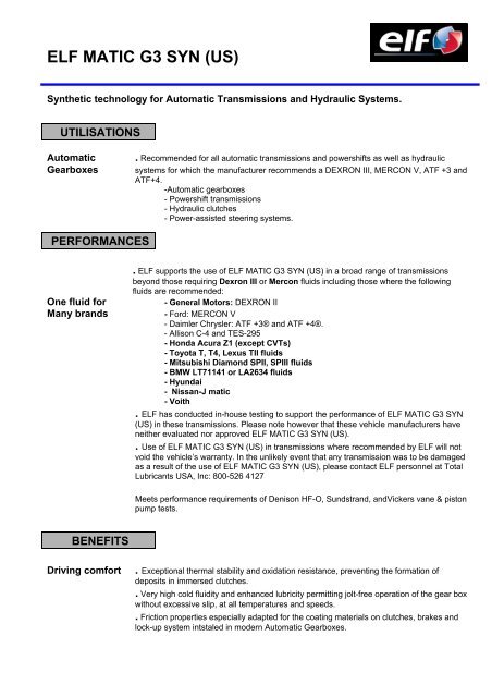 ELF Matic G3 Syn - TOTAL Lubricants USA Southwest, LLC