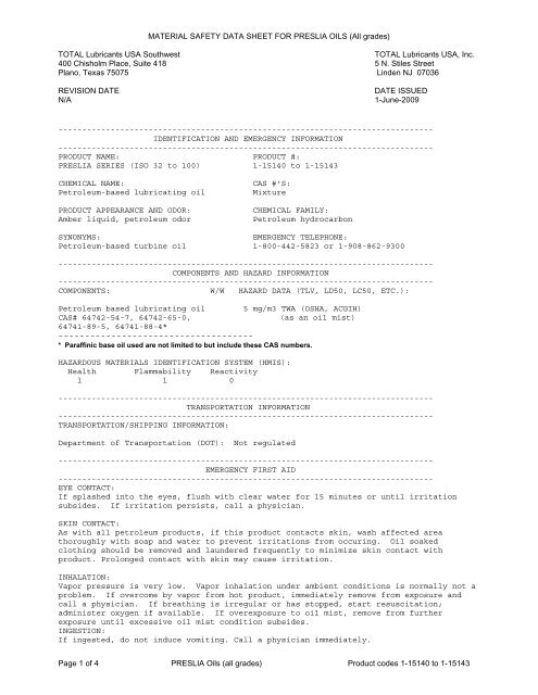 Preslia series msds.pdf - TOTAL Lubricants USA Southwest, LLC