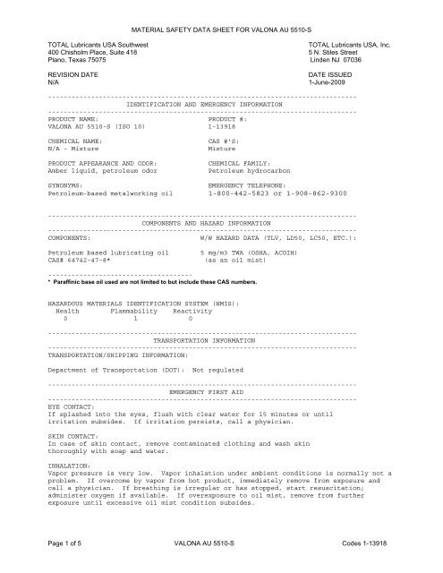 material safety data sheet for valona au 5510 - TOTAL Lubricants ...