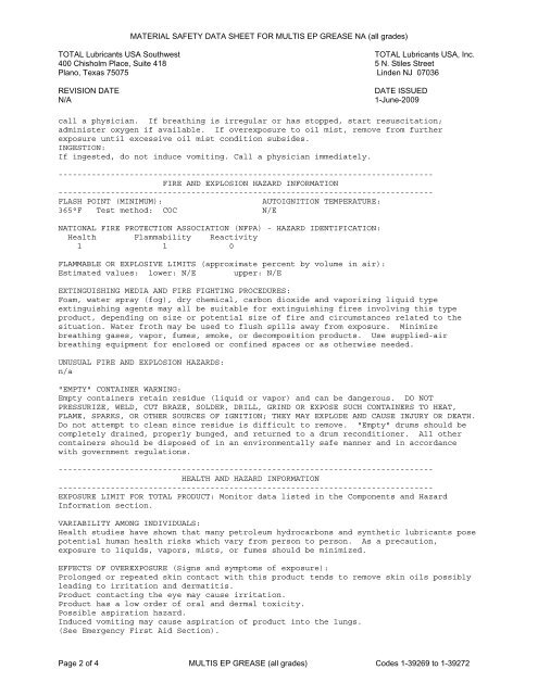 MATERIAL SAFETY DATA SHEET FOR MULTIS EP GREASE NA ...