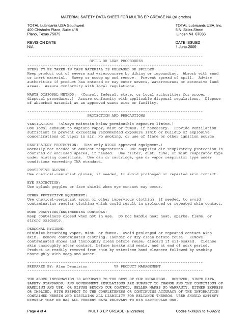 MATERIAL SAFETY DATA SHEET FOR MULTIS EP GREASE NA ...