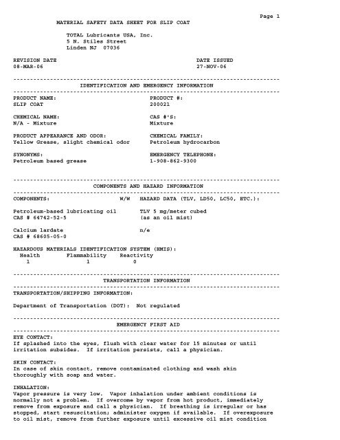 Page 1 MATERIAL SAFETY DATA SHEET FOR SLIP COAT TOTAL ...