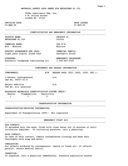Nevastane SL 320 - TOTAL Lubricants USA Southwest, LLC