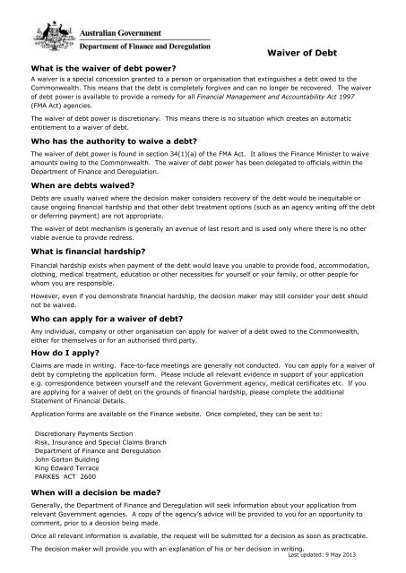 Waiver of Debt - Department of Finance and Deregulation