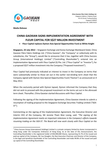 china gaoxian signs implementation agreement with fleur capital for ...
