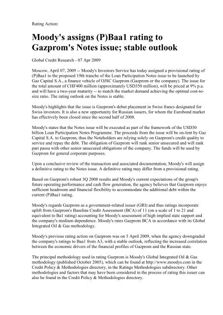 Moody's assigns (P)Baa1 rating to Gazprom's Notes issue; stable ...