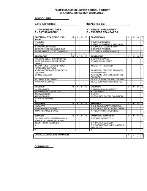 School Site Cleanliness Inspection Form - Fairfield-Suisun Unified ...
