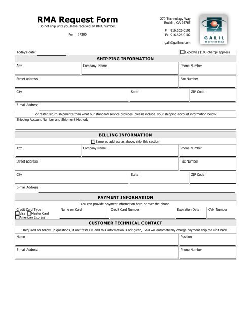 RMA Request Form - Galil