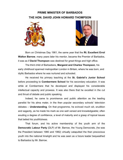 prime minister of barbados the hon. david john howard thompson