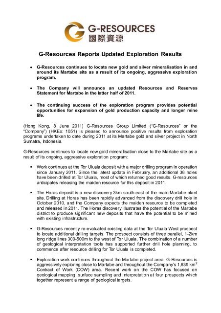 G-Resources Reports Updated Exploration Results