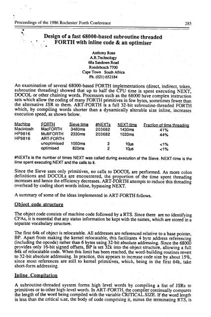 Design of a Fast 68000-based Subroutine Threaded FORTH Design of a Fast 68000-based Subroutine Threaded FORTH