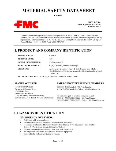 MATERIAL SAFETY DATA SHEET - FMC Corporation