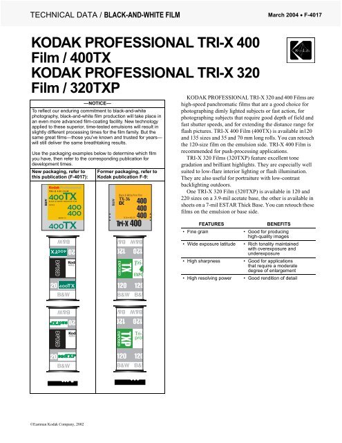 Kodak Tri-X 400 & 320 Data - Silverprint