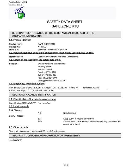 safety data sheet safe zone rtu - Evans Vanodine International plc