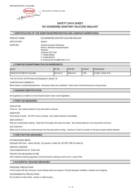 safety data sheet no nonsense sanitary silicone sealant
