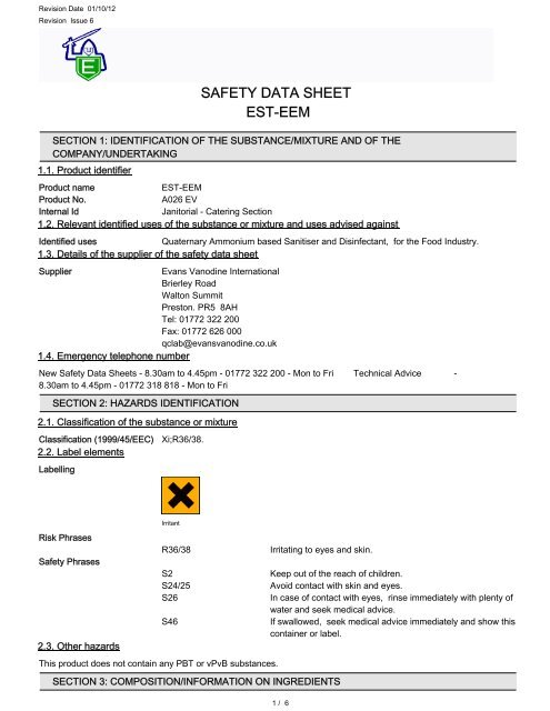 SAFETY DATA SHEET EST-EEM - Evans Vanodine International plc